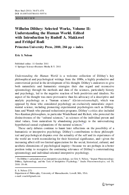 Review: Wilhelm Dilthey: Selected Works, Volume II: Understanding the ...