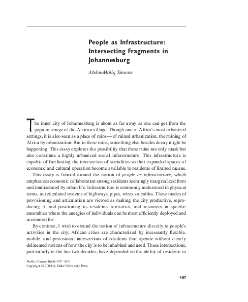 (PDF) People as Infrastructure: Intersecting Fragments in Johannesburg