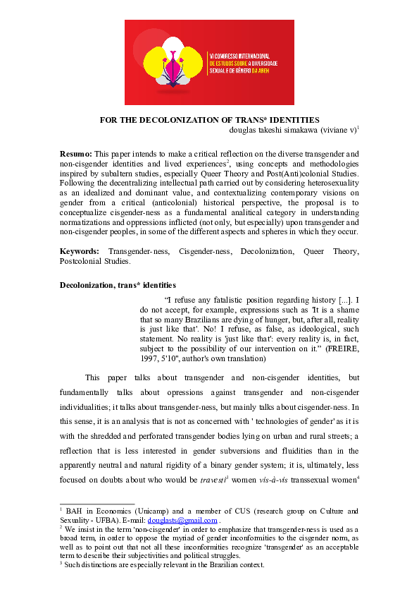 (PDF) For the decolonization of trans* identities (English translation)