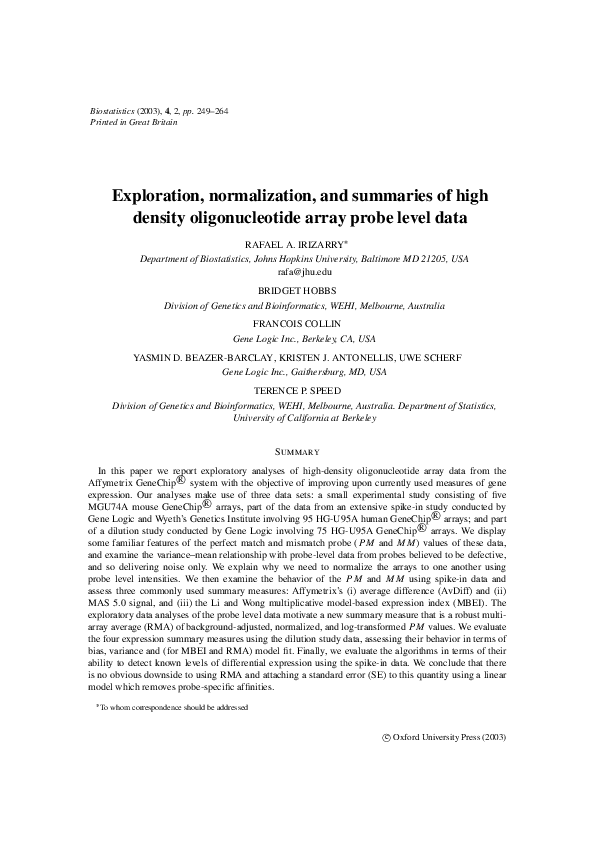 Pdf Exploration Normalization And Summaries Of High Density Oligonucleotide Array Probe