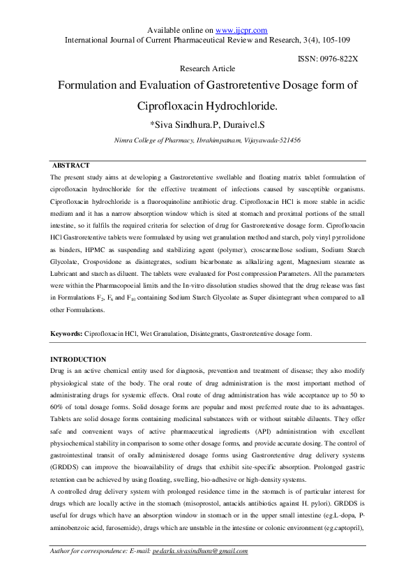 Pdf Formulation And Evaluation Of Gastroretentive Dosage Form Of Ciprofloxacin Hydrochloride