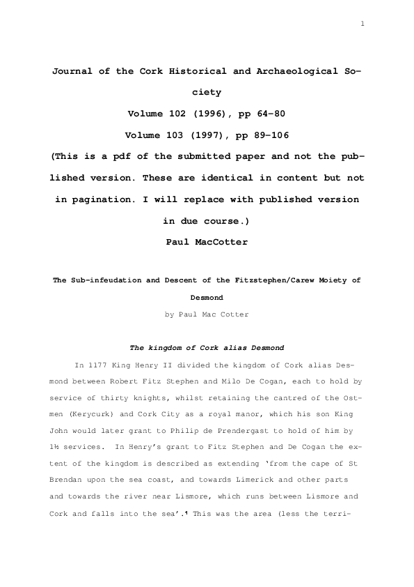 (PDF) The sub-infeudation and descent of the FitzStephen/Carew moiety ...