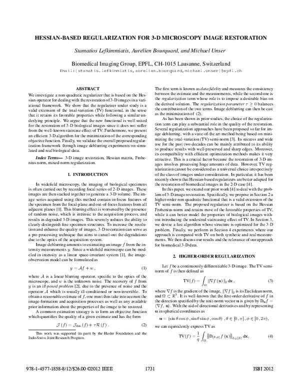 (PDF) Hessian-based regularization for 3-D microscopy image restoration