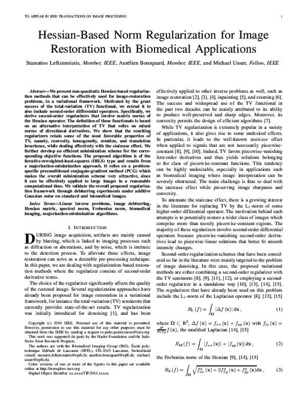 Pdf Hessian Based Norm Regularization For Image Restoration With Biomedical Applications