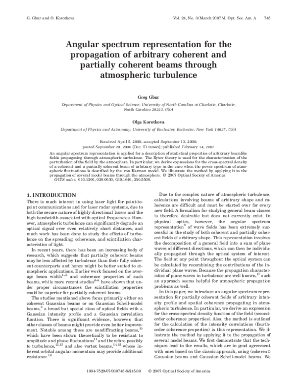 (PDF) G. Gbur and O. Korotkova, "Angular spectrum representation for the propagation of ...