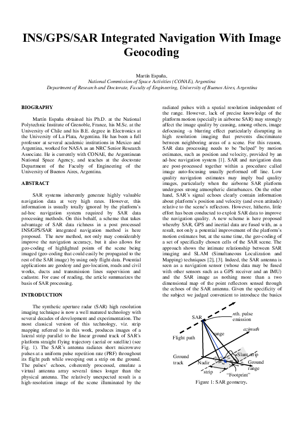 (PDF) INS/GPS/SAR Integrated Navigation With Image Geocoding
