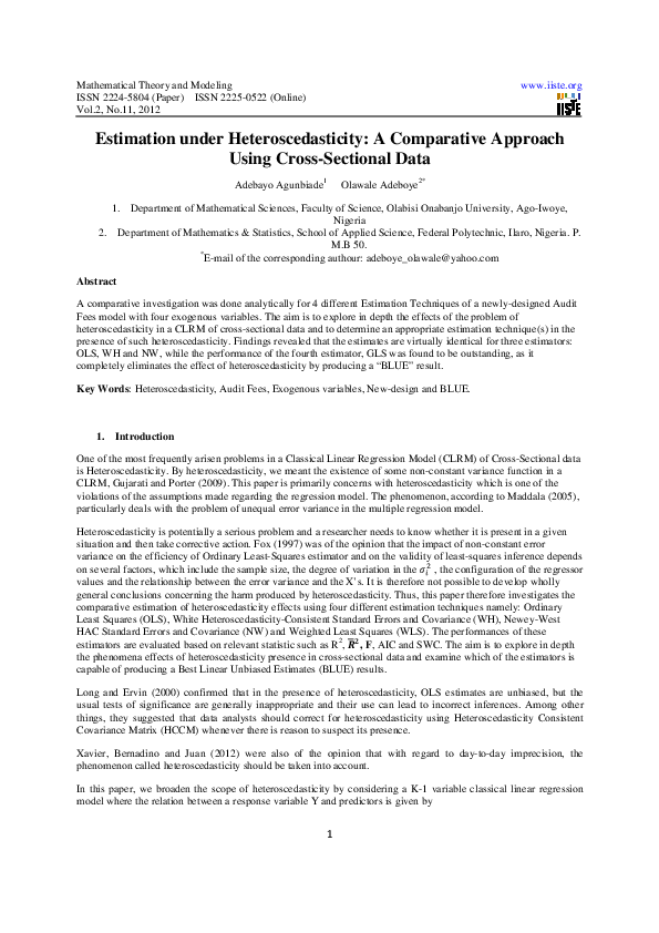 (PDF) Estimation under Heteroscedasticity: A Comparative Approach Using Cross-Sectional Data