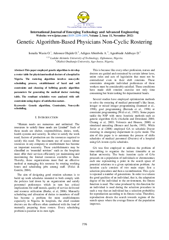 (PDF) Genetic Algorithm-Based Physicians Non-Cyclic Rostering