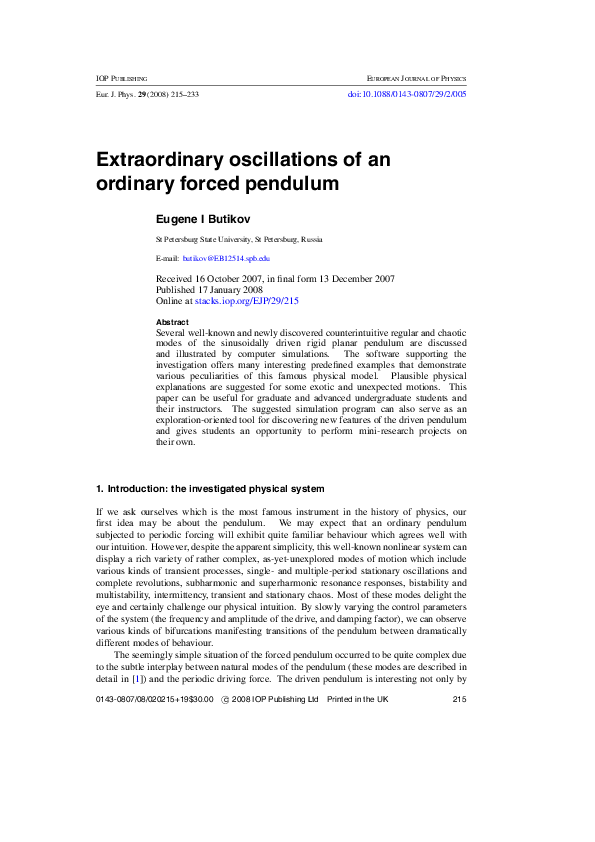 (PDF) Extraordinary oscillations of an ordinary forced pendulum