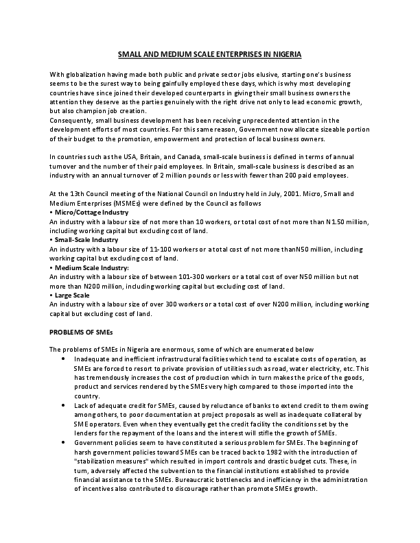 (DOC) SMALL AND MEDIUM SCALE ENTERPRISE IN NIGERIA