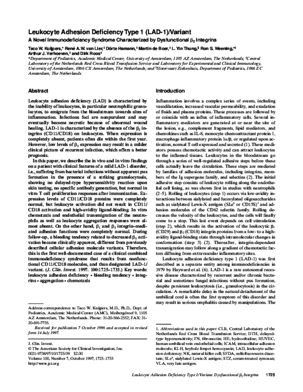 (PDF) Leukocyte adhesion deficiency type 1 (LAD-1)/variant. A novel ...
