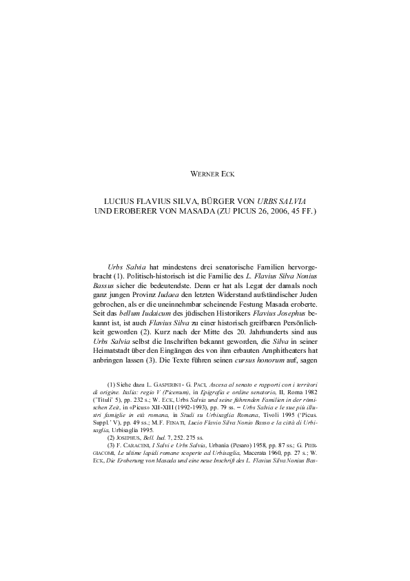(PDF) LUCIUS FLAVIUS SILVA, BÜRGER VON URBS SALVIA UND EROBERER VON MASADA (ZU PICUS 26, 2006 ...