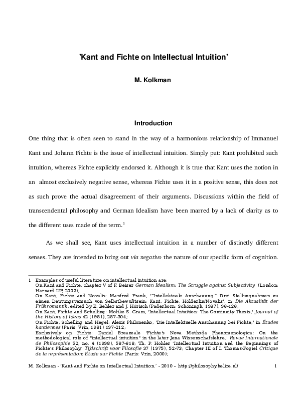 (PDF) Kant and Fichte on Intellectual Intuition