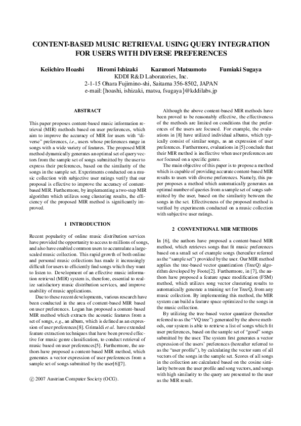 Pdf Content Based Music Retrieval Using Query Integration For Users With Diverse Preferences