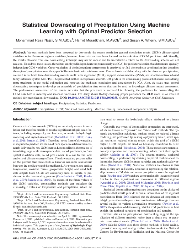 Pdf Statistical Downscaling Of Precipitation Using Machine Learning