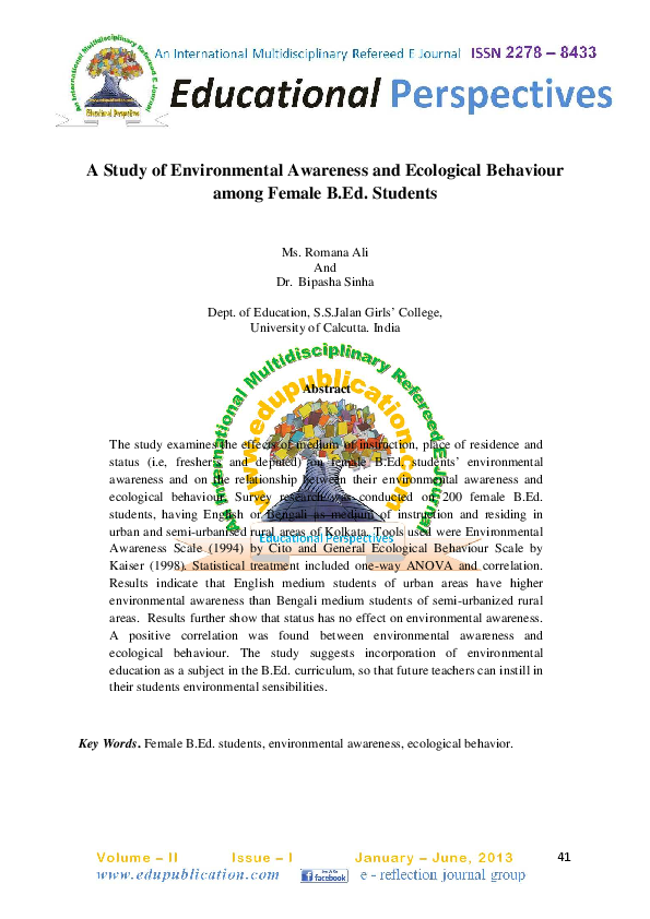 (PDF) A Study of Environmental Awareness and Ecological Behaviour among ...
