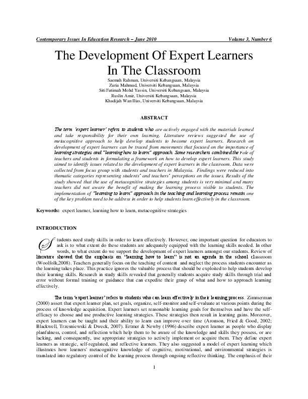 (PDF) The development of expert learners in the classroom
