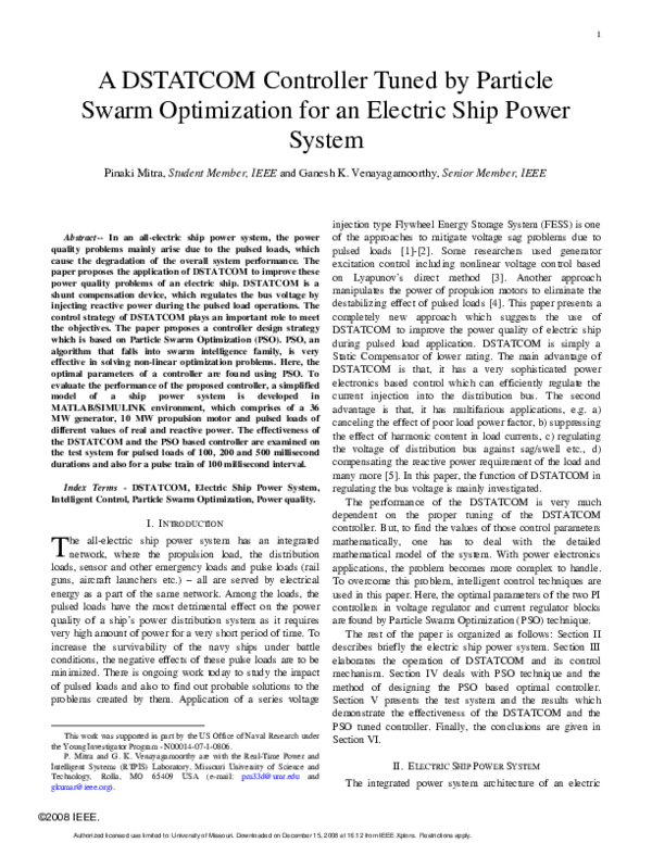 Pdf A Dstatcom Controller Tuned By Particle Swarm Optimization For An Electric Ship Power System