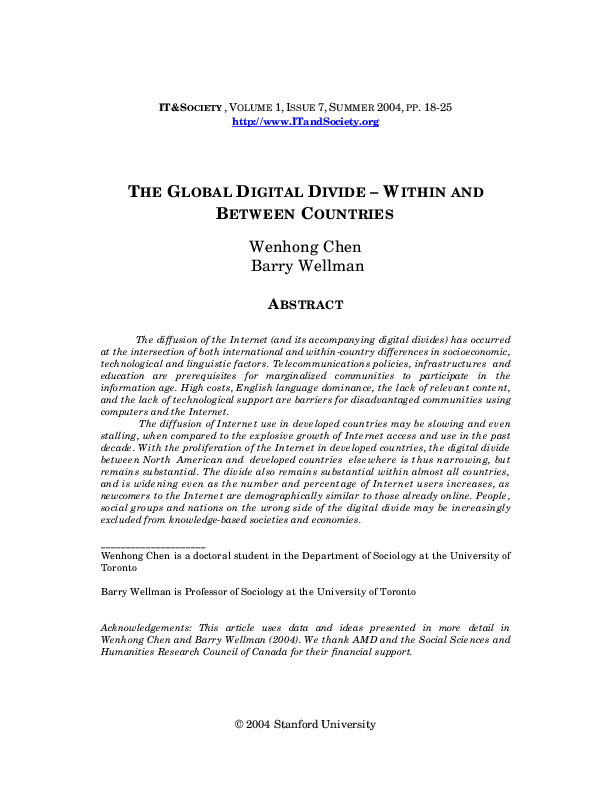 (PDF) (2004) The Global Digital Divide – Within And Between Countries