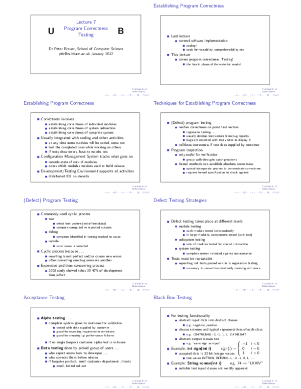 (PDF) Lecture 07 - Program Correctness: Testing