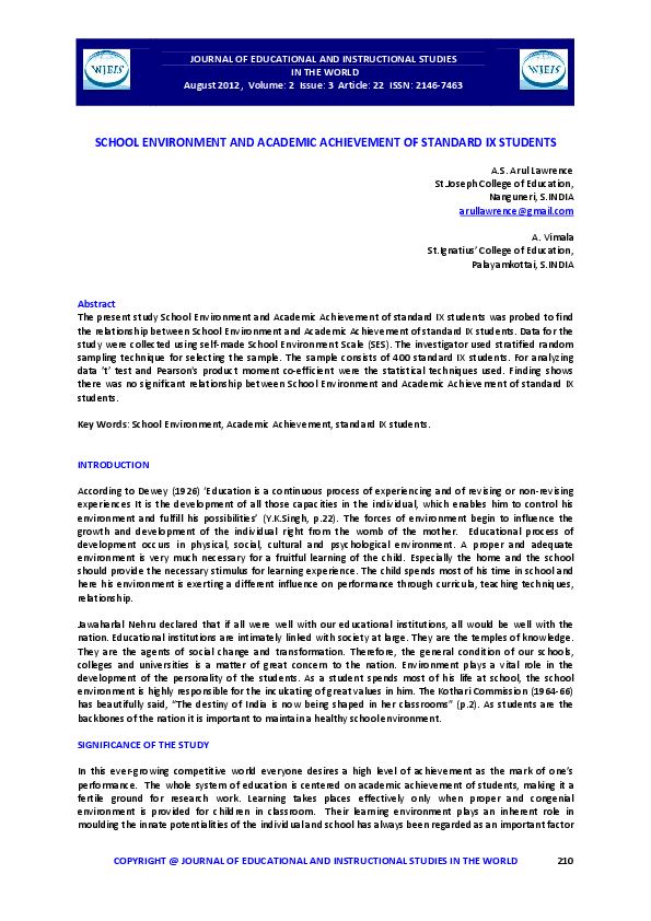 (PDF) SCHOOL ENVIRONMENT AND ACADEMIC ACHIEVEMENT OF STANDARD IX STUDENTS