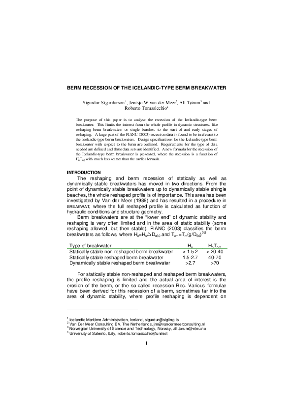 (PDF) Berm Recession of the Icelandic-type Berm Breakwater