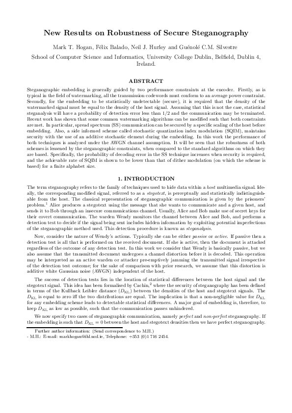 (PDF) New results on robustness of secure steganography
