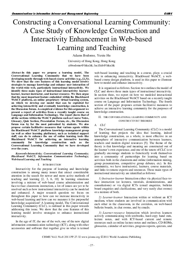 (PDF) Constructing a Conversational Learning Community: A Case Study of Knowledge Construction ...