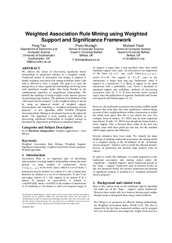 Pdf Weighted Association Rule Mining Using Weighted Support And Significance Framework Fionn