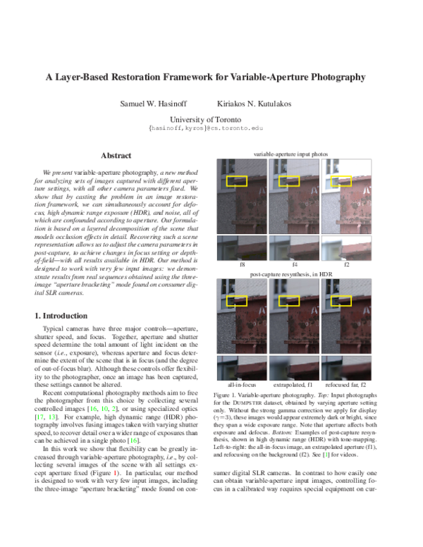 (PDF) A layer-based restoration framework for variable-aperture photography