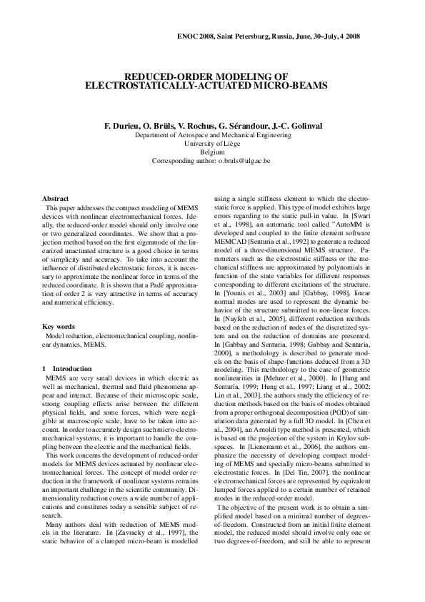 Pdf Reduced Order Modeling Of Electrostatically Actuated Micro Beams