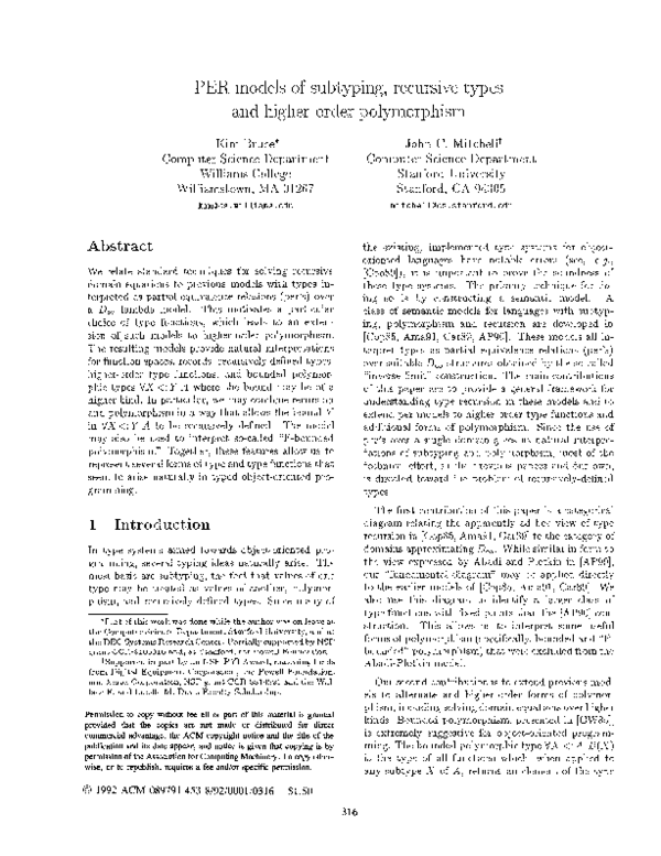 Pdf Per Models Of Subtyping Recursive Types And Higher Order Polymorphism Kim B Bruce