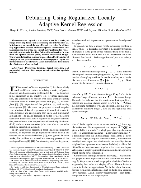 (PDF) Deblurring using regularized locally adaptive kernel regression