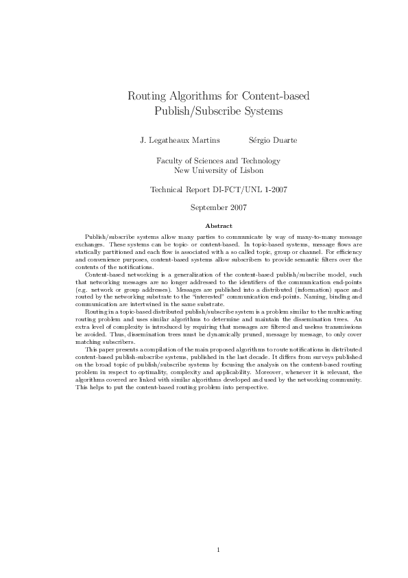 Pdf Routing Algorithms For Content Based Publishsubscribe Systems