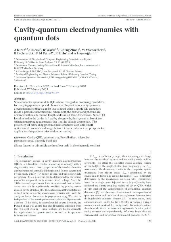 (PDF) Cavity-quantum electrodynamics with quantum dots