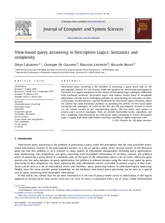 (PDF) View-based query answering in Description Logics: Semantics and complexity