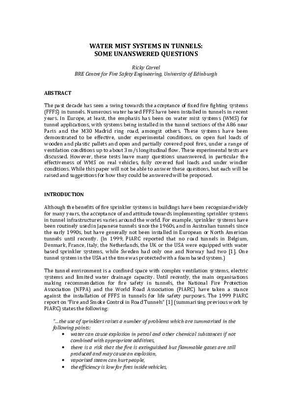 (PDF) Water mist systems in tunnels: some unanswered questions