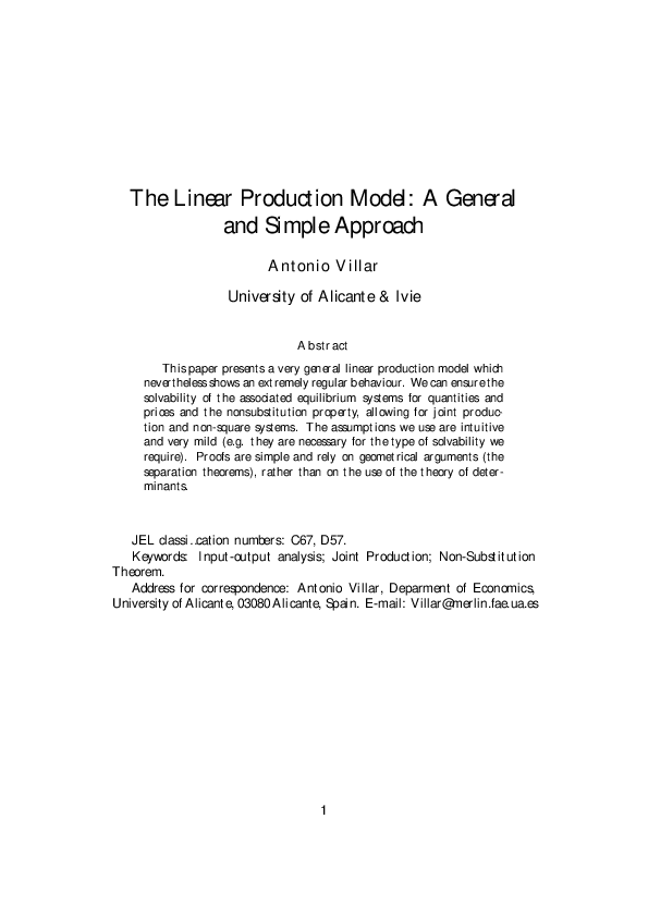 (PDF) The Linear Production Model: A General and Simple Approach