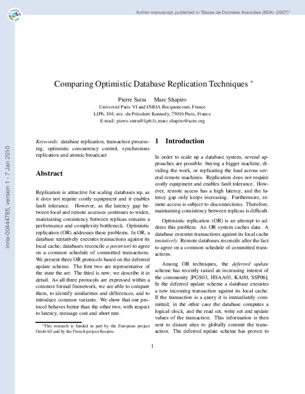 (PDF) Comparing optimistic database replication techniques
