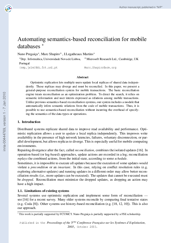 (PDF) Automating semantics-based reconciliation for mobile databases