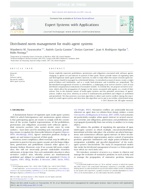(PDF) Distributed norm management for multi-agent systems