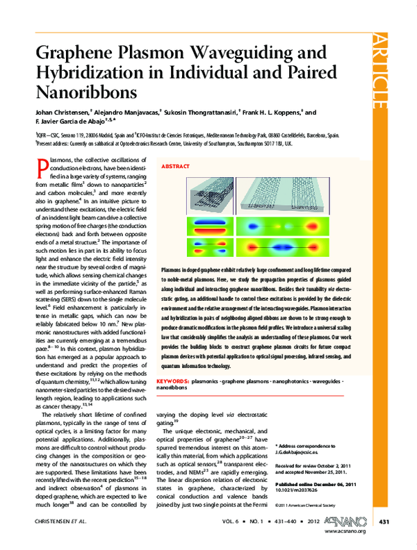 (PDF) Graphene Plasmon Waveguiding and Hybridization in Individual and Paired Nanoribbons