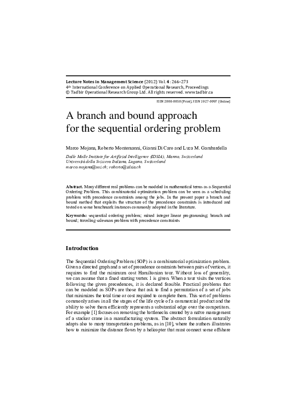 (PDF) A branch and bound approach for the sequential ordering problem | Roberto Montemanni ...