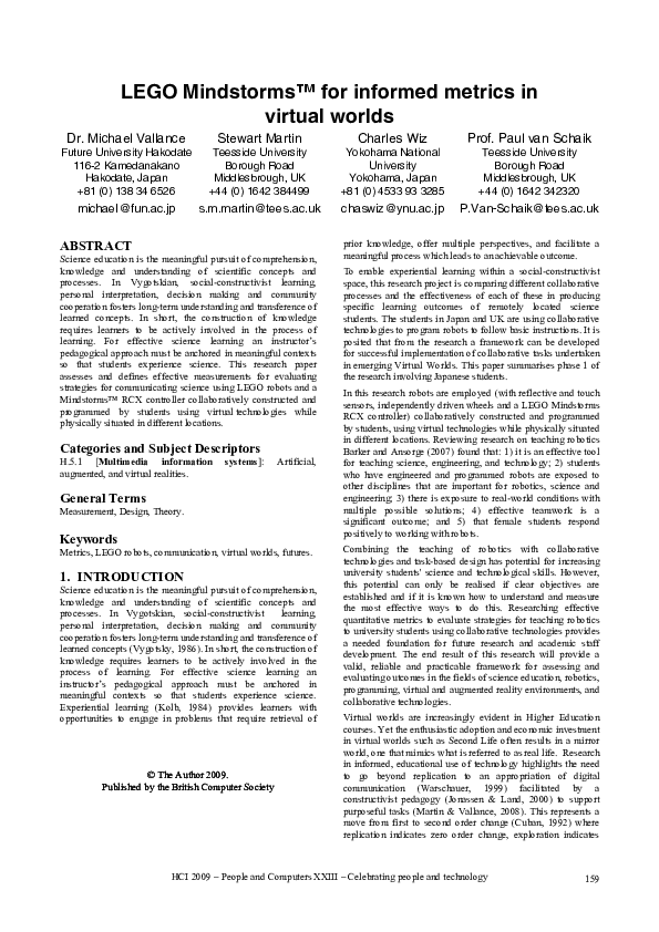 (PDF) LEGO Mindstorms™ for informed metrics in virtual worlds