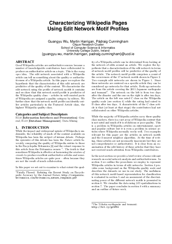 (PDF) Characterizing wikipedia pages using edit network motif profiles