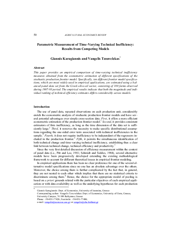(PDF) Parametric Measurement of Time-Varying Technical Inefficiency: Results from Competing Models