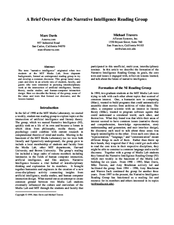 (PDF) A brief overview of the narrative intelligence reading group