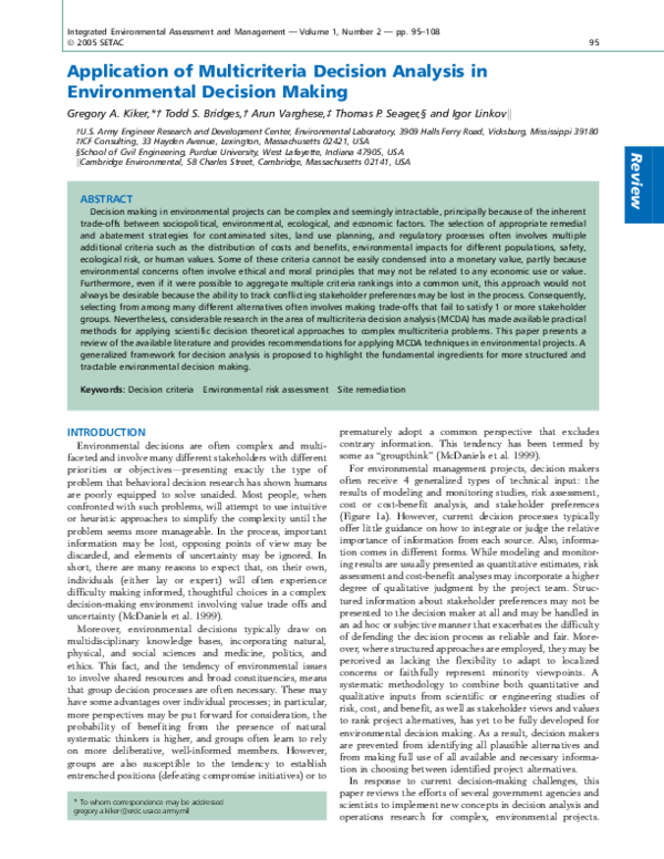 Pdf Application Of Multicriteria Decision Analysis In Environmental Decision Making