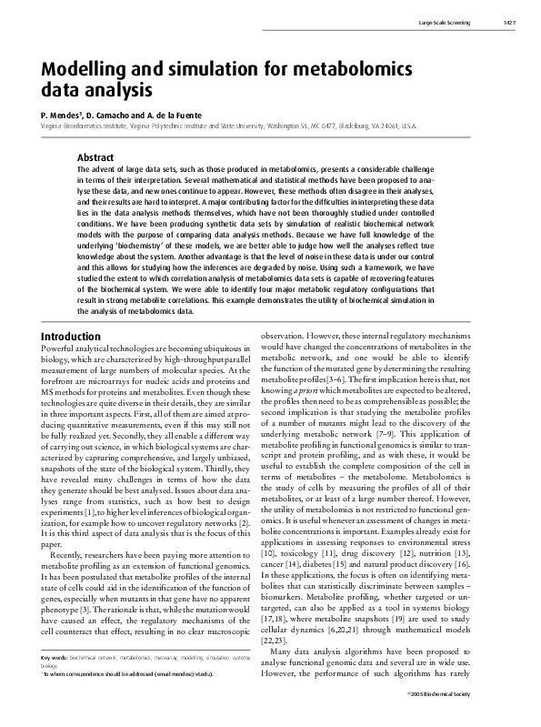 (PDF) Modelling and simulation for metabolomics data analysis