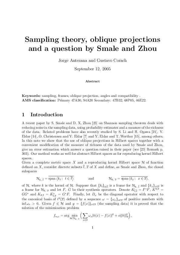Pdf Sampling Theory Oblique Projections And A Question By Smale And Zhou